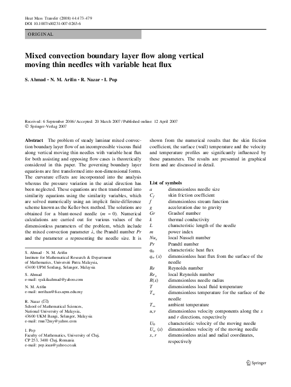 (PDF) Mixed convection boundary layer flow along vertical moving thin needles with variable heat ...