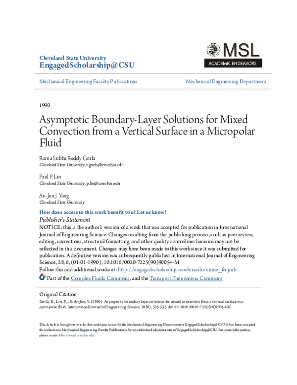 Pdf Asymptotic Boundary Layer Solutions For Mixed Convection From A Vertical Surface In A