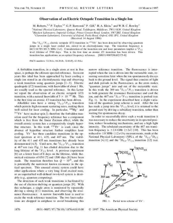 (PDF) Observation of an Electric Octupole Transition in a Single Ion