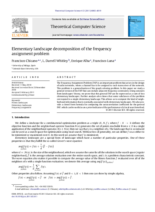 (PDF) Elementary landscape decomposition of the frequency assignment problem