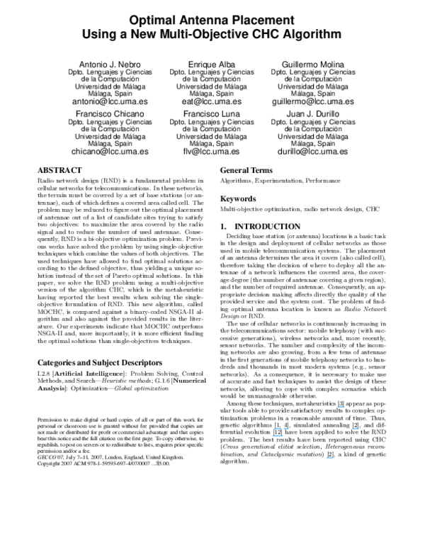 Pdf Optimal Antenna Placement Using A New Multi Objective Chc Algorithm