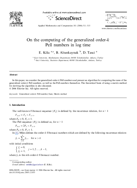 Pdf On The Computing Of The Generalized Order K Pell Numbers In Log Time