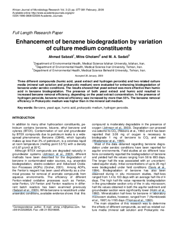 (PDF) Enhancement of benzene biodegradation by variation of culture ...