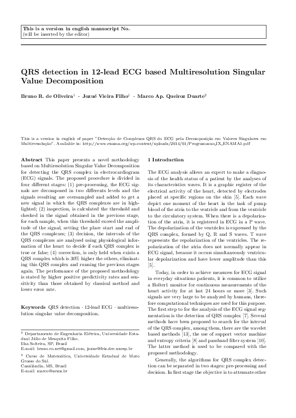 (PDF) QRS detection in 12-lead ECG based Multiresolution Singular Value Decomposition