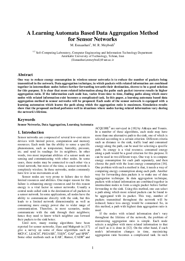 (PDF) A Learning Automata Based Data Aggregation Method for Sensor Networks
