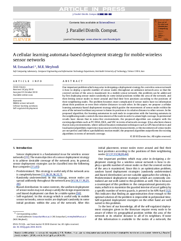 (PDF) A cellular learning automata-based deployment strategy for mobile wireless sensor networks