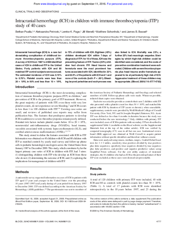 (PDF) Intracranial hemorrhage (ICH) in children with immune thrombocytopenia (ITP): study of 40 ...