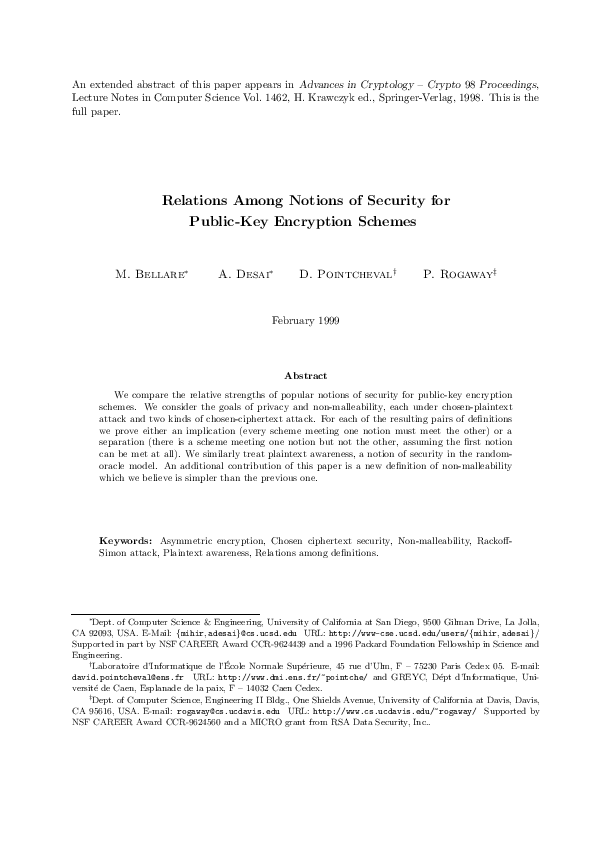 (PDF) Relations Among Notions of Security for Public-Key Encryption Schemes