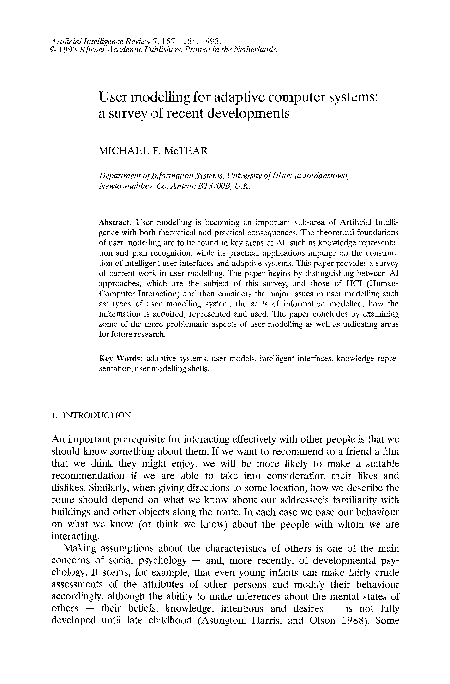 (PDF) User modelling for adaptive computer systems: a survey of recent developments