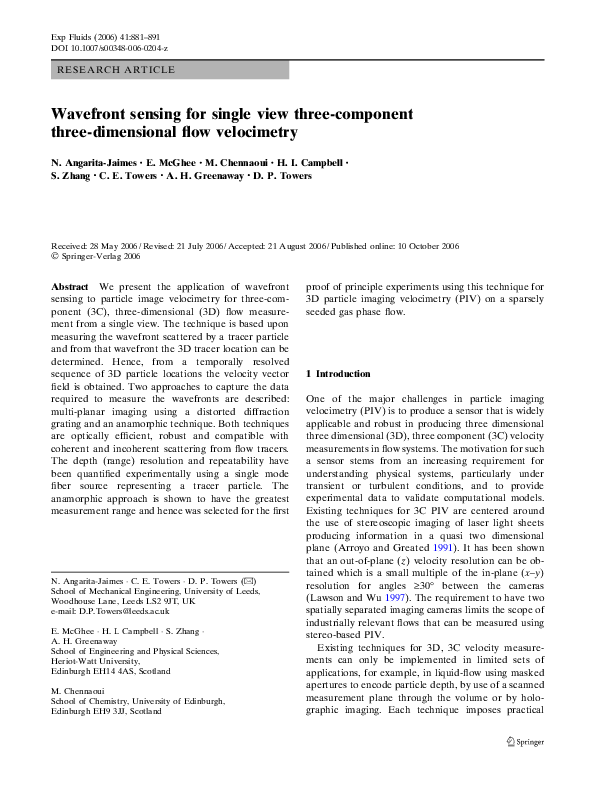 (PDF) Wavefront sensing for single view three-component three-dimensional flow velocimetry