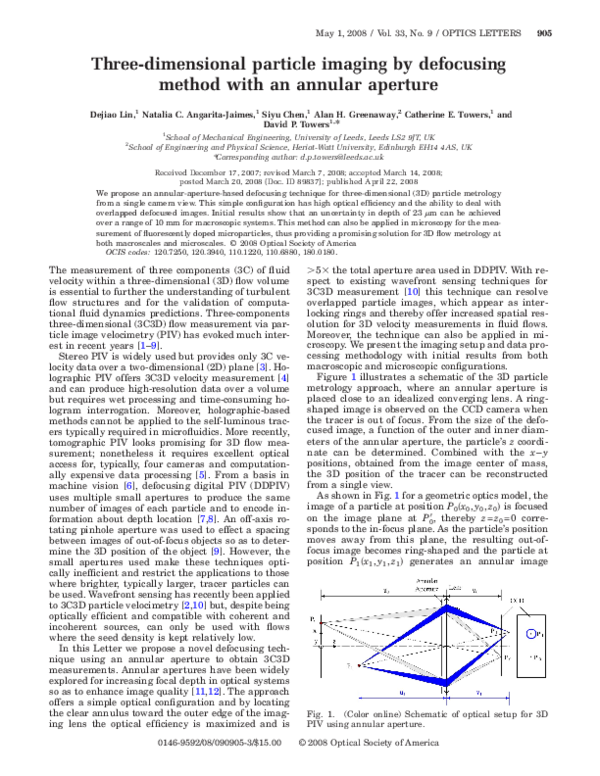 (PDF) Three-dimensional particle imaging by defocusing method with an annular aperture