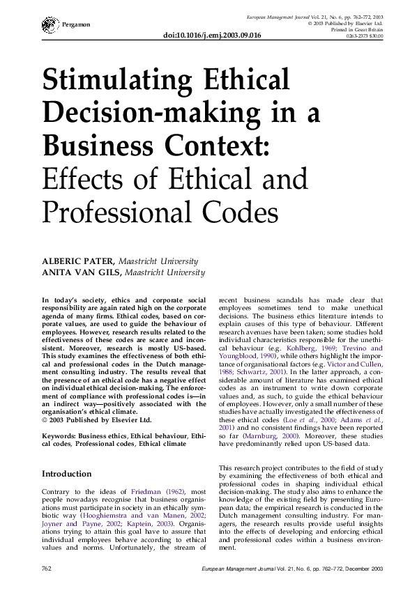 (PDF) Stimulating Ethical Decision-making in a Business Context ...