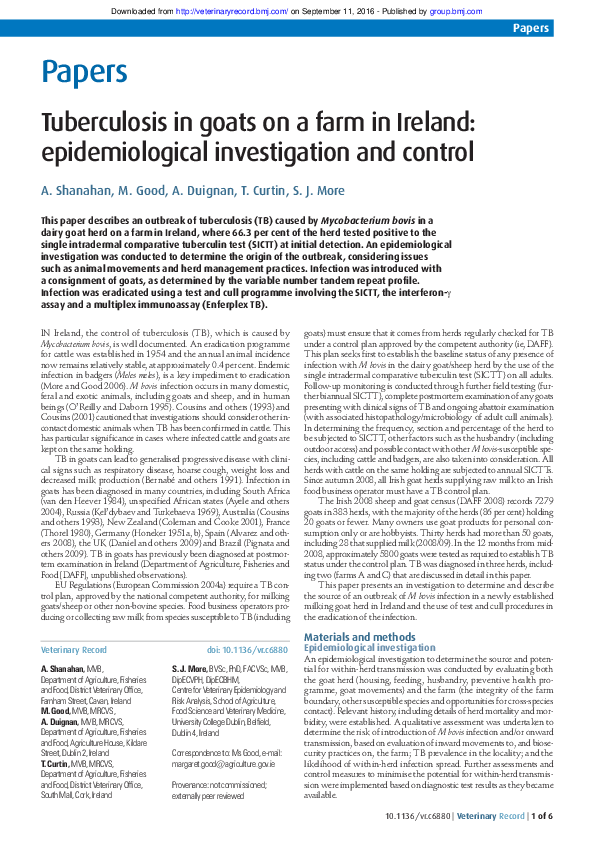 (PDF) Tuberculosis in goats on a farm in Ireland: Epidemiological ...