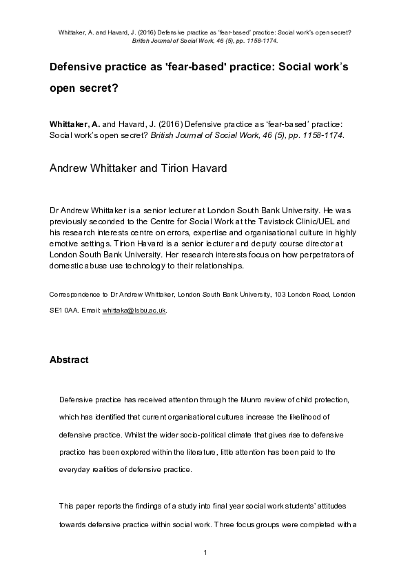 (PDF) Defensive practice as 'fear-based' practice: Social work's open ...