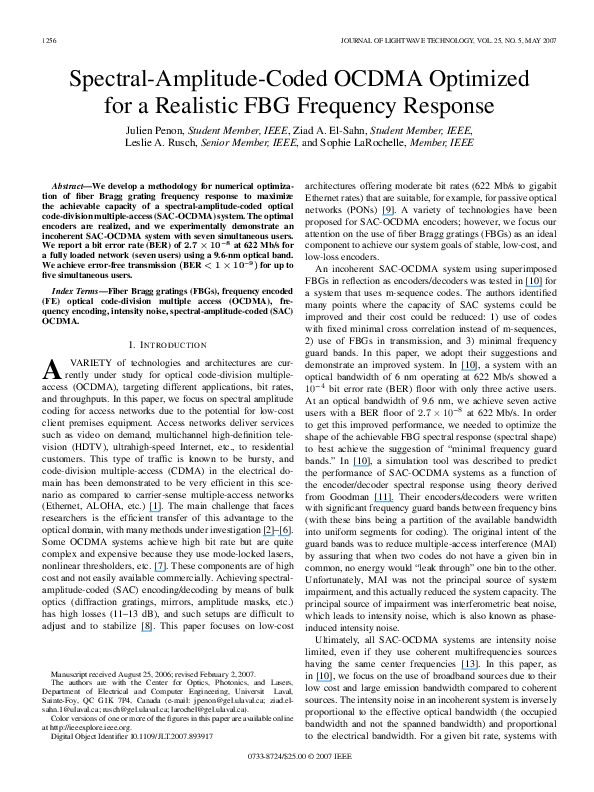 Pdf Spectral Amplitude Coded Ocdma Optimized For A Realistic Fbg