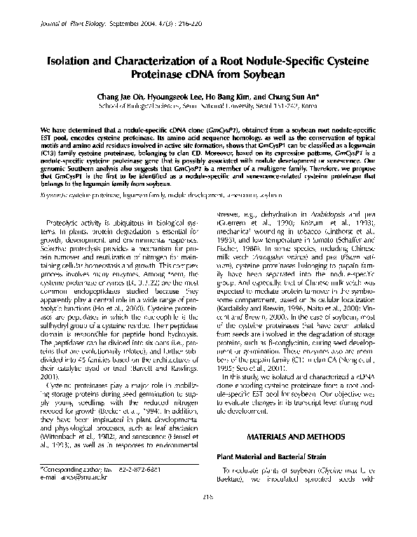 (PDF) Isolation and characterization of a root nodule-specific cysteine proteinase cDNA from soybean