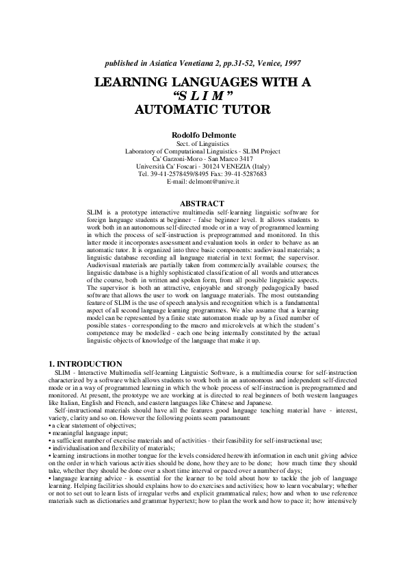 (PDF) Learning languages with a ‘SLIM’automatic tutor