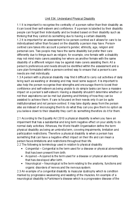 (DOC) Unit 534: Understand Physical Disability