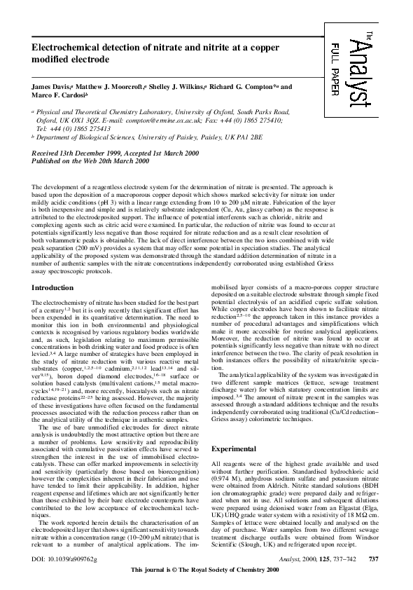 (PDF) Electrochemical detection of nitrate and nitrite at a copper ...