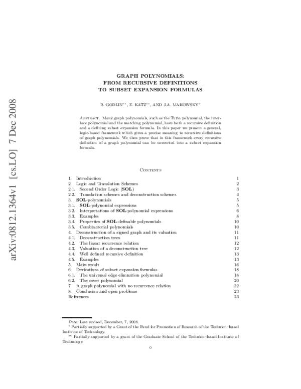 (PDF) Graph Polynomials: From Recursive Definitions To Subset Expansion Formulas