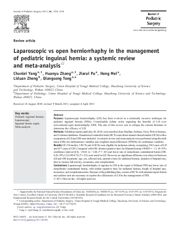 (PDF) Laparoscopic vs open herniorrhaphy in the management of pediatric inguinal hernia: a ...