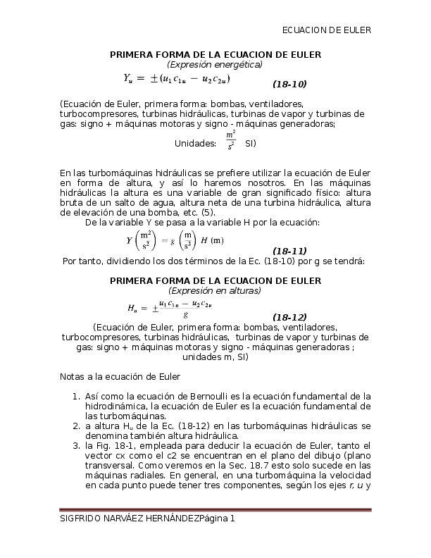 Doc Primera Forma De La Ecuacion De Euler Expresión Energética 18 10