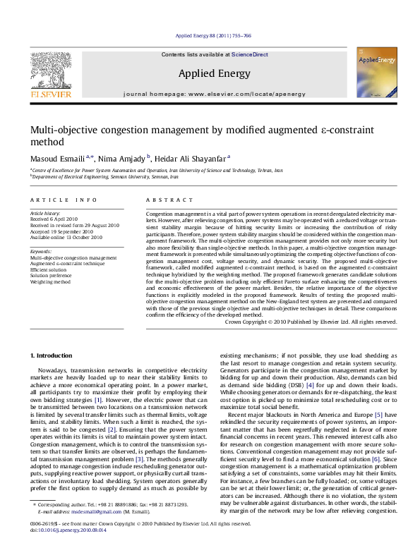 Pdf Multi Objective Congestion Management By Modified Augmented ε