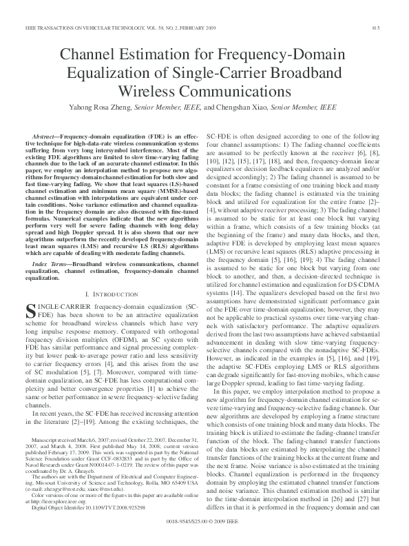 (PDF) Channel Estimation for Frequency-Domain Equalization of Single-Carrier Broadband Wireless ...