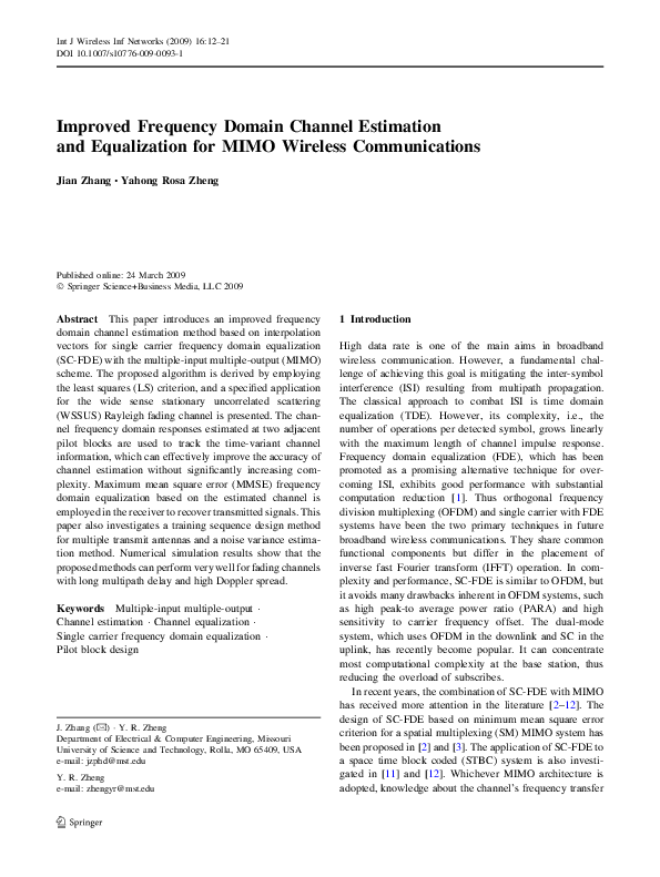 (PDF) Improved Frequency-Domain Channel Estimation for Fast Time-Varying MIMO-SCFDE Channels