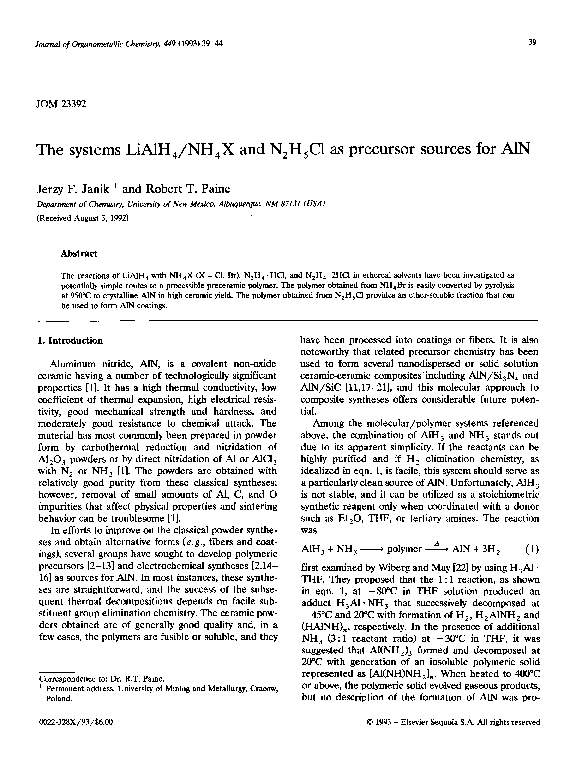 (PDF) The systems LiAlH4/NH4X and N2H5Cl as precursor sources for AlN