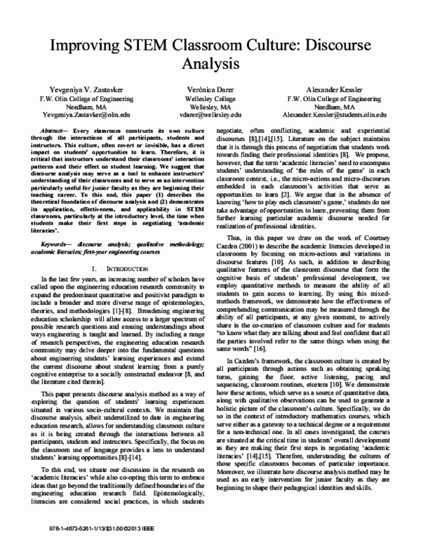 (PDF) Improving STEM classroom culture: Discourse analysis