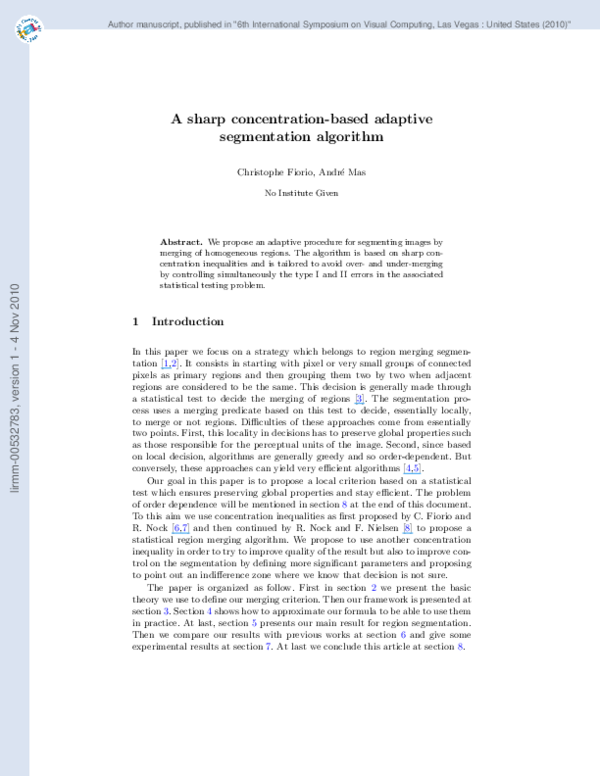 Pdf A Sharp Concentration Based Adaptive Segmentation Algorithm Christophe Fiorio