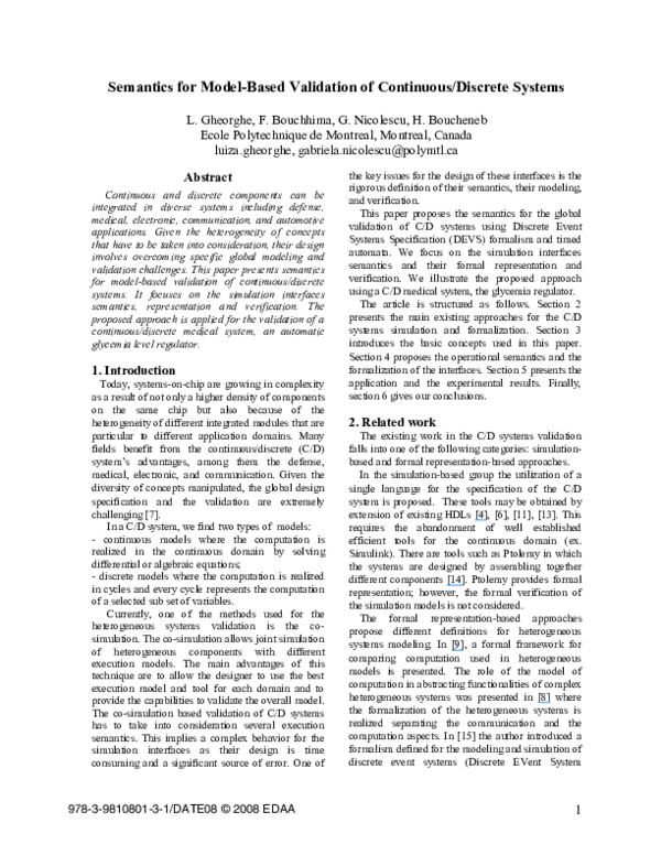 (PDF) Semantics for Model-Based Validation of Continuous/Discrete Systems