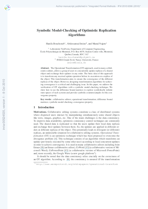 Pdf Symbolic Model Checking Of Optimistic Replication Algorithms