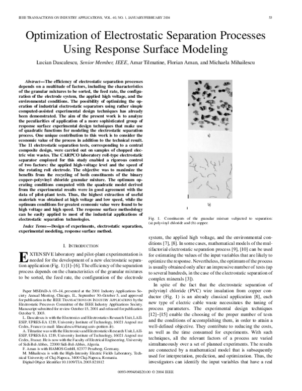 Pdf Optimization Of Electrostatic Separation Processes Using Response