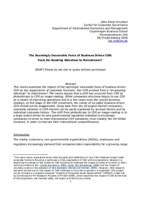 (PDF) The Seemingly Inexorable Force of Business Driven CSR: From Do ...