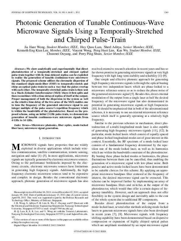 (PDF) Photonic Generation of Tunable Continuous-Wave Microwave Signals Using a Temporally ...