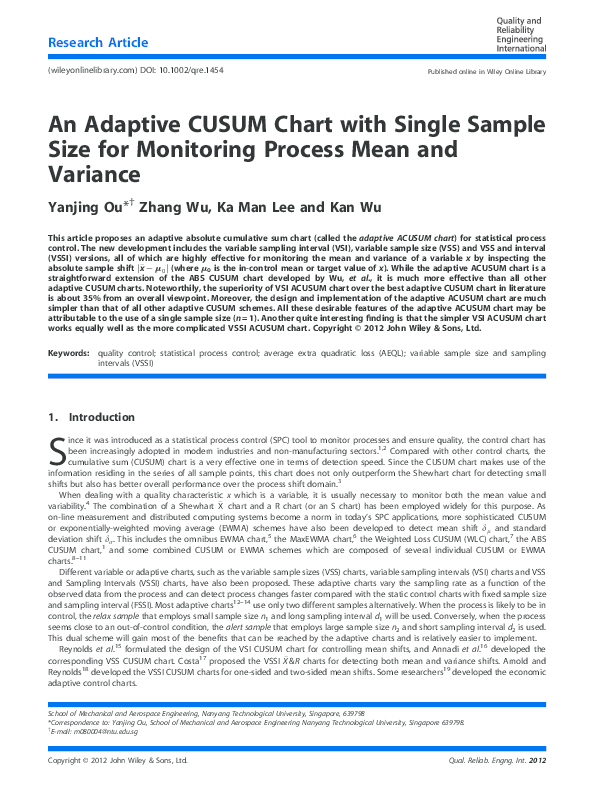 Pdf An Adaptive Cusum Chart With Single Sample Size For Monitoring Process Mean And Variance