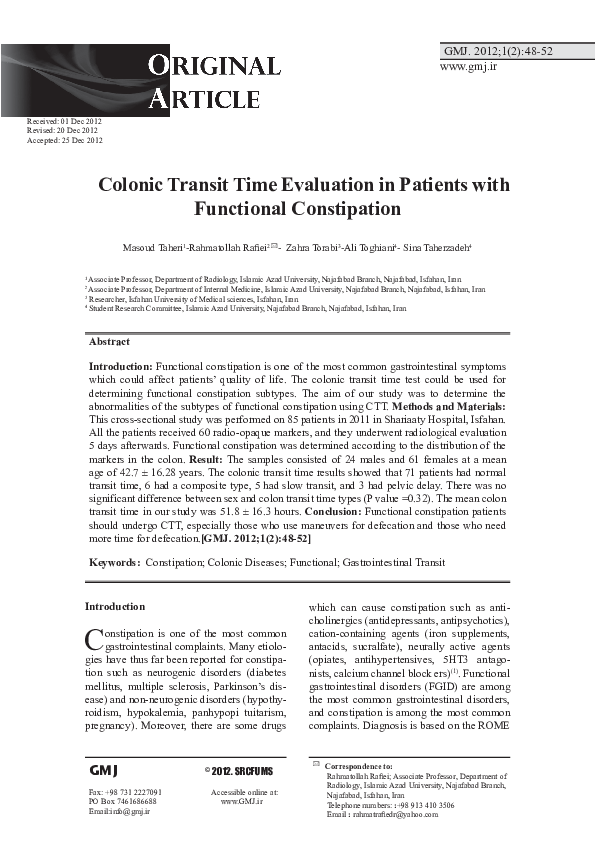 (PDF) Colonic Transit Time Evaluation in Patients with Functional ...