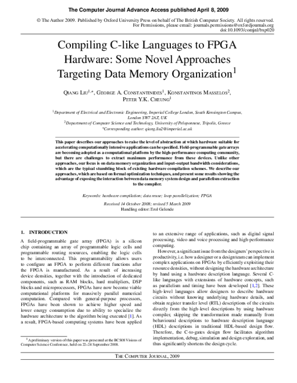 (PDF) Compiling C-like Languages to FPGA Hardware: Some Novel Approaches Targeting Data Memory ...