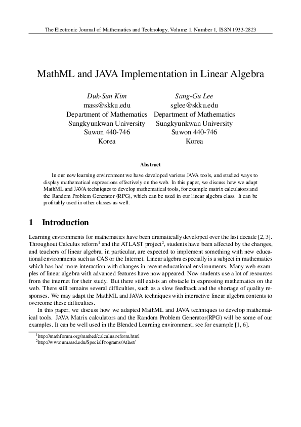 (PDF) MathML and JAVA Implementation in Linear Algebra