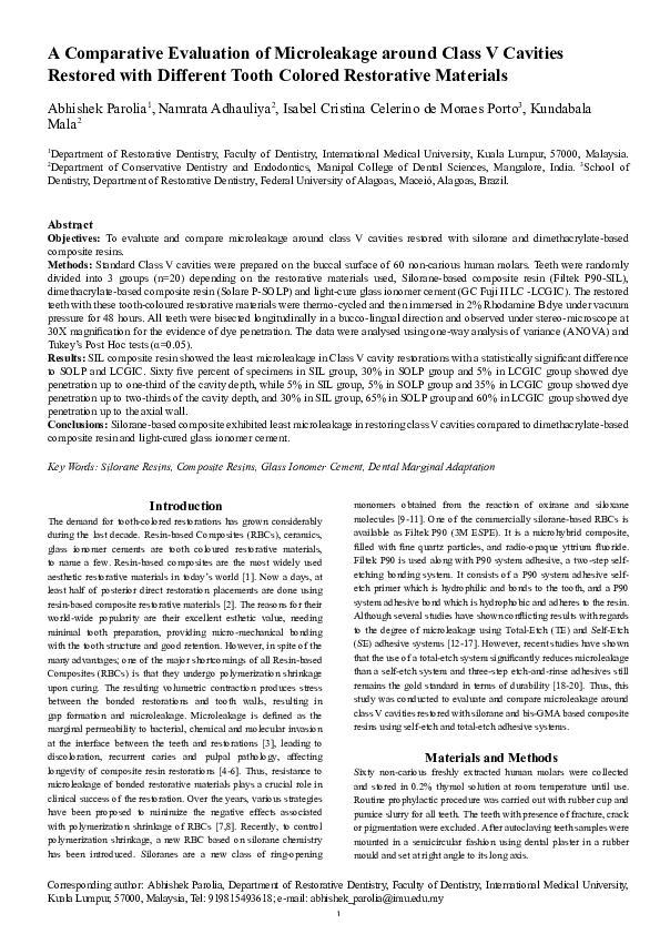 Pdf Microleakage In Class V Cavities A Comparison