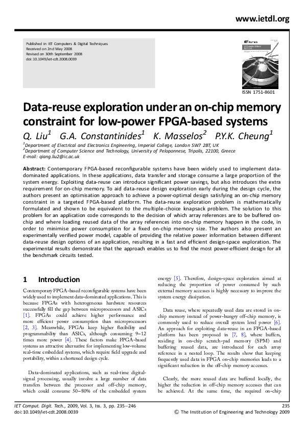 Pdf Data Reuse Exploration Under An On Chip Memory Constraint For Low Power Fpga Based Systems