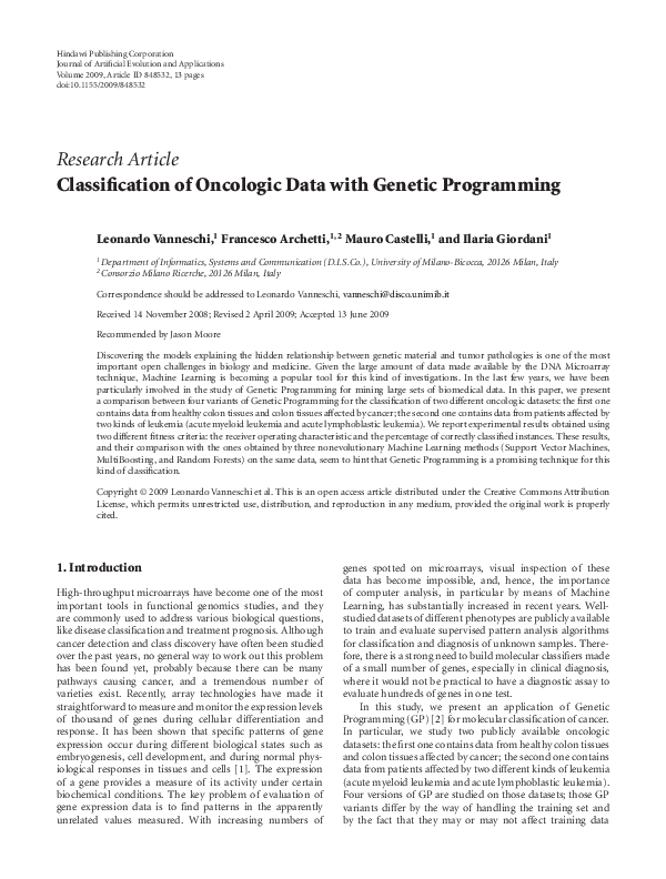 Pdf Classification Of Oncologic Data With Genetic Programming Francesco Archetti And Ilaria