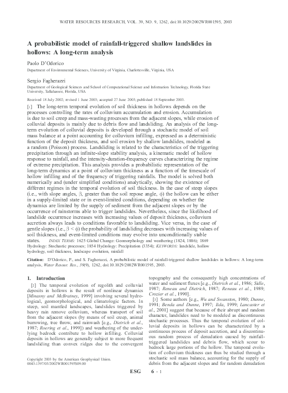 (PDF) A probabilistic model of rainfall-triggered shallow landslides in hollows: A long-term ...
