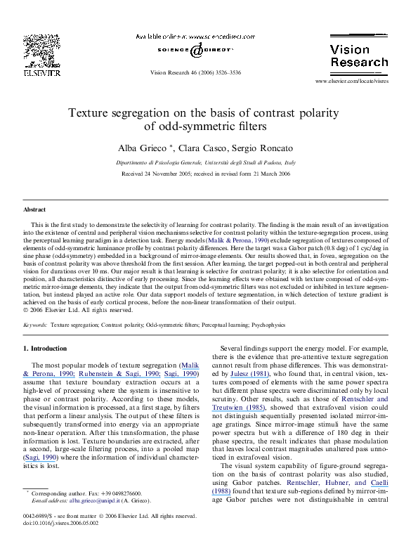 (PDF) Texture segregation on the basis of contrast polarity of odd-symmetric filters