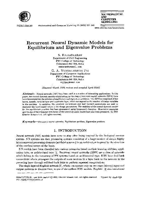 (PDF) Recurrent neural dynamic models for equilibrium and eigenvalue problems