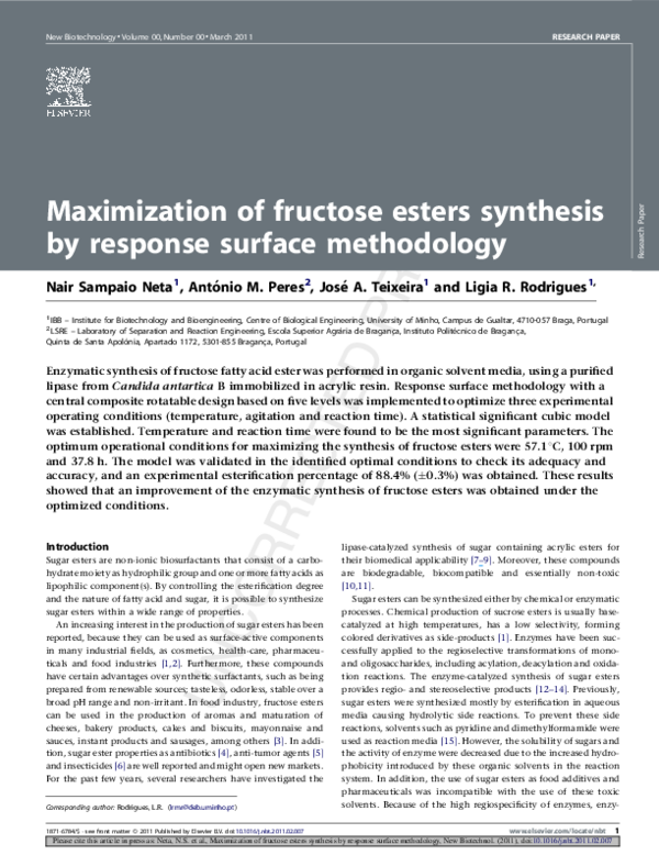 (PDF) Maximization of fructose esters synthesis by response surface ...