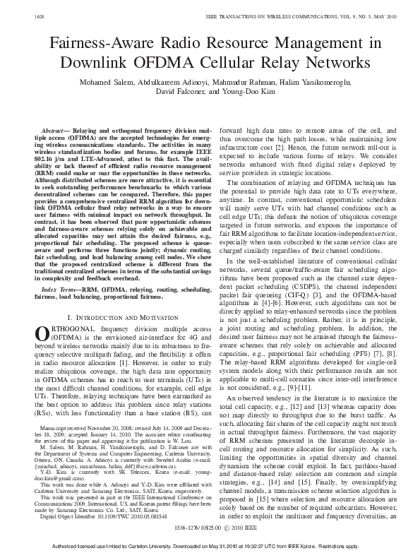 (PDF) Fairness-aware radio resource management in downlink OFDMA cellular relay networks
