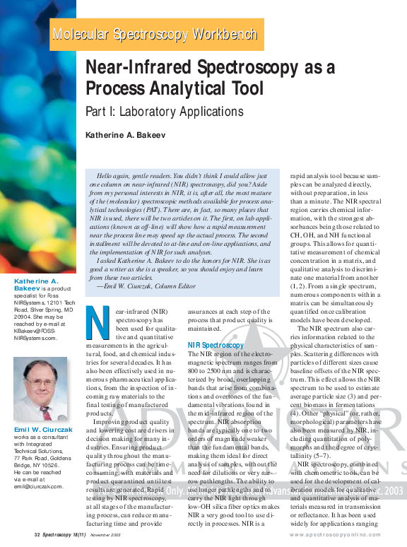 (PDF) Near-Infrared Spectroscopy as a Process Analytical Tool Part I: Laboratory Applications